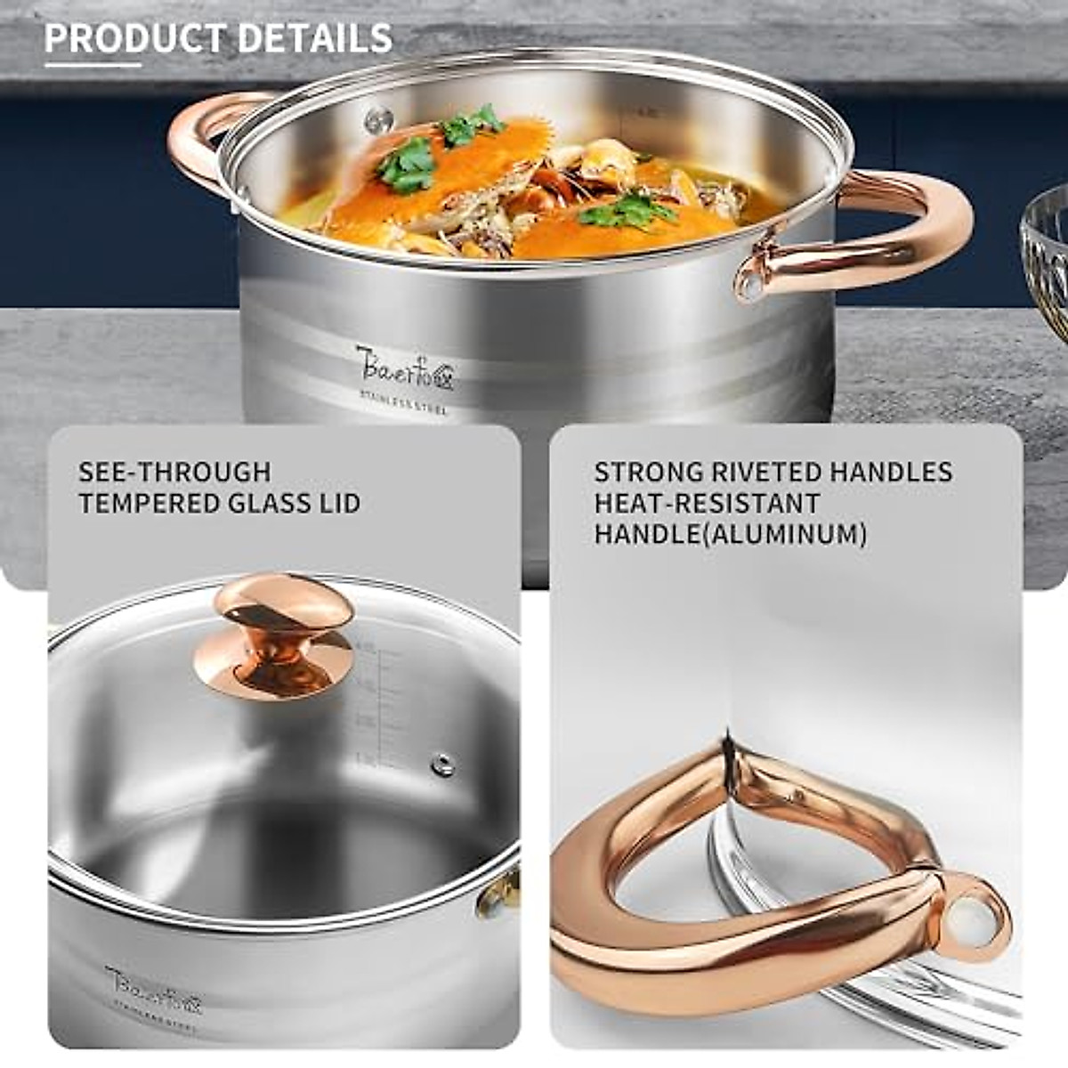 BAERFO 1.5 Quart Stock Pot,5 Ply 18/8 Stainless Steel Cooking Stock Pot with Lid, 1.5 QT Soup Pot, Healthy Stockpots, Casserole, Stew, Induction, Oven,Gas and Dishwasher Safe Pot