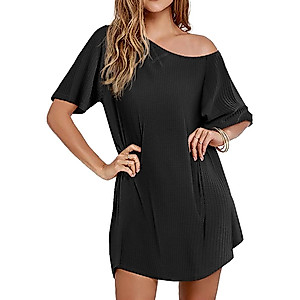 Ekouaer 3 Pack Women's Classic Short Sleeves Sleepshirt Waffle Knit Sleepwear Set 2 L