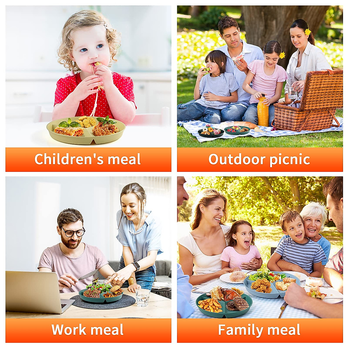 DLF. DONGLINFENG Adult Compartmentalized Dinner Plate 9.6 Inch Portion Control Wheat Plastic Dinner Plate (Portion Plate/Picnic Plate) 5 Colors