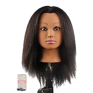 Kalyx African Mannequin Head Real Hair for Cosmetology Manikin Maniquins Hairdresser Practice Training Head Doll Head and Table Clamp Stand(B12)