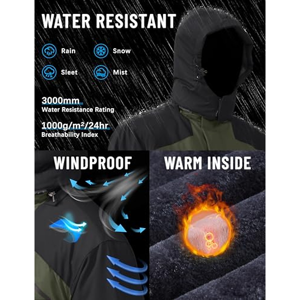 TACVASEN Mens Tactical Jacket Water Resistant Winter Ski Jacket Green Camo Military Jacket Thick Warm Jacket Camo Parka Rain Coat Snow Coat