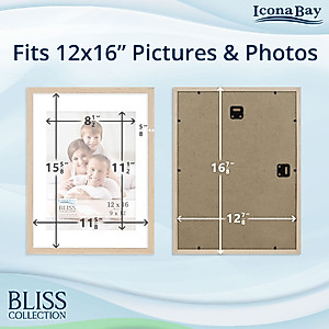 Icona Bay 12x16 Light Oak Picture Frame Fits 11x15 Photos with Mat to 9x12 Image, Modern Style Wood Composite Poster Frame, Wall Mount Only, Bliss Collection