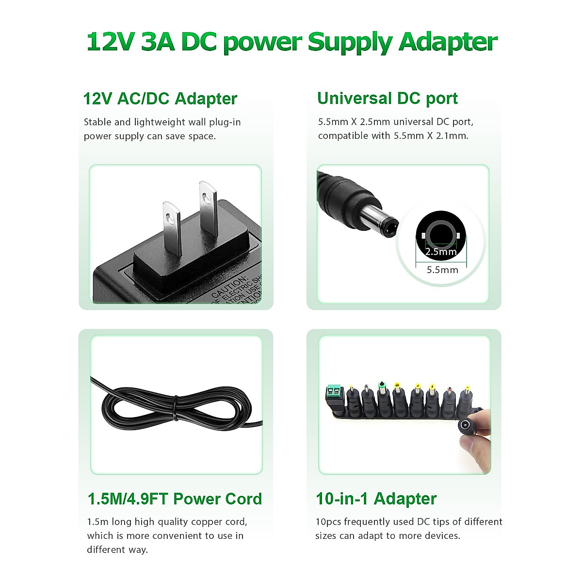 Arkare 12V 3A Power Supply Adapter 36W ac/dc Charger AC 100V-240V to DC 12Volt 3amp Power Cord 12V 2.5A 2A 1.5A 1A 800mA 500mA for Security Camera BT Speaker GPS Webcam Microphone Receiver with 10TIPS