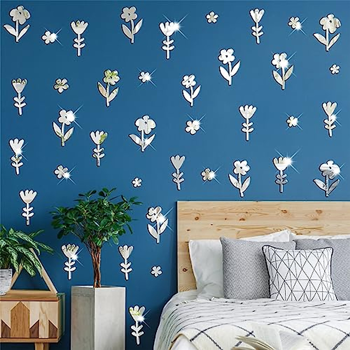 3D Flower Mirror Wall Sticker Floral Wall Stickers for Girls Bedroom Removable Silver Acrylic Mirror Wall Stickers Peel and Stick Wall Decals Art Mural for Living Room Bathroom Classroom Decor