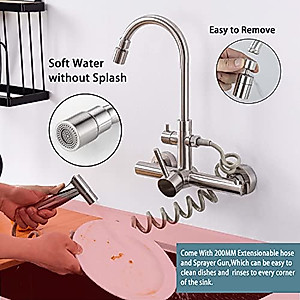Wall Mount Kitchen Faucet 8 Inch Faucet Brushed Nickeled Faucet for Kitchen, with Spray Gun and 2 Water Jet, Swivel 360° spout Wall Faucet, Wall mounting Kitchen Faucet