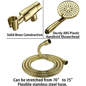 G-Promise Luxury High Pressure 5“ Face 6 Setting Detachable Handheld Shower Head with Extra Long Flexible Metal Hose(70” Stretches to 75”), Adjustable Metal Holder, Polished Brass Finish (2.5GPM)