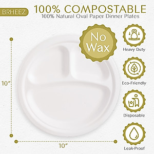 brheez Heavy Duty Round 3 Compartment Disposable Plates [10" inch] Eco-Friendly 100% Natural Bagasse Fiber Biodegradable Compostable Sustainable Paper Alternative Plates [60 Plates] White