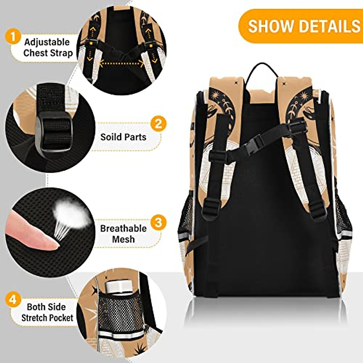 AIXIWAWA School Backpack (Alchemy Snake), Large Capacity Causal Daypack with Bottle Pockets Reflective Strips for Boys Girls Adults 12.2 x 7.87 x 16.14 inches