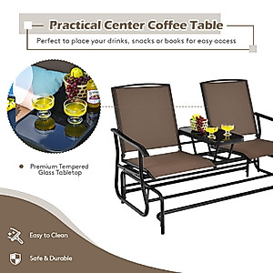 S AFSTAR 2-Person Outdoor Glider, Patio Glider Bench Chairs with Center Tempered Glass Table & Breathable Loveseat, Double Swing Glider Chair for Porch Garden Poolside Balcony Lawn (Brown)