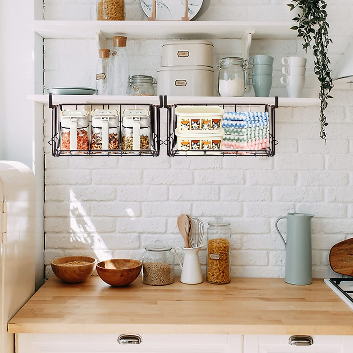 Hanging Under Shelf Storage Basket, 4 Pack Foldable Under Cabinet Metal Desk Storage Wire Rack Organizer for Kitchen Pantry Bookshelf Office Home, Easy to Install Slide-in Under Shelves (Black)