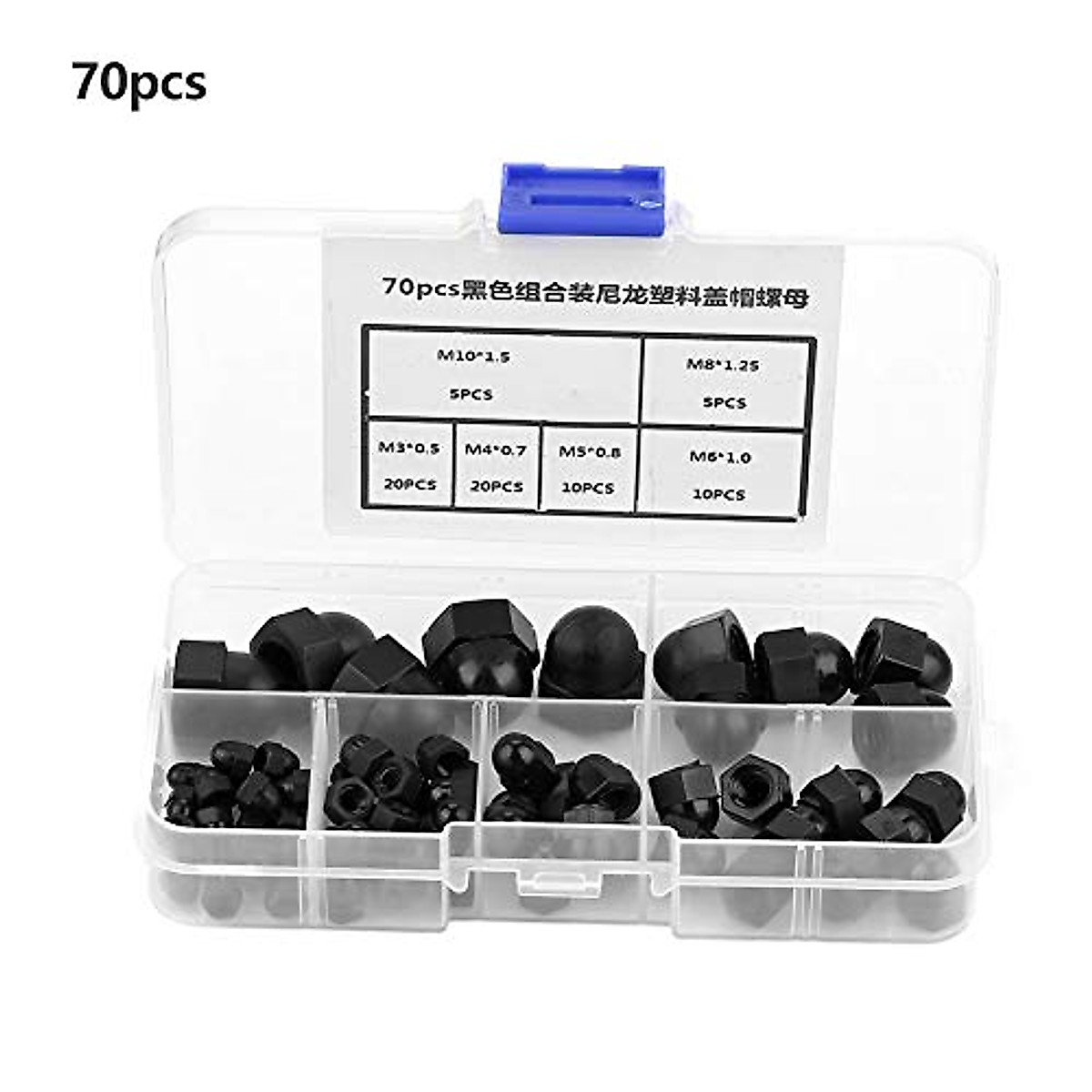 70pcs Hex Acorn Cap Nuts Assortment Kit M3/M4/M5/M6/M8/M10 Nylon Acorn Nut Dome Head Cap Hex Nuts(Black)