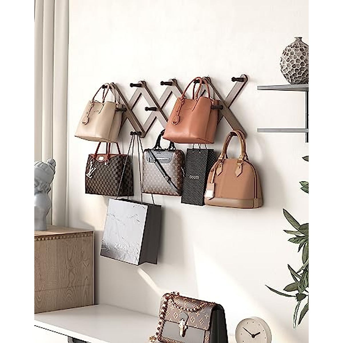 OROPY Wood Accordion Wall Hanger, Expandable Coat Rack Wall Mount with 14 Pegs, Expanding Hat Rack for Wall, X Shape, 27"×10", Walnut Color