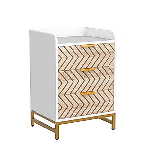 YITAHOME Nightstand with 3 Drawers, Modern Bedside Table with Chevron Design and Gold Metal Legs, Small End Side Table, Night Stands with Lip, for Bedroom, Set of 2