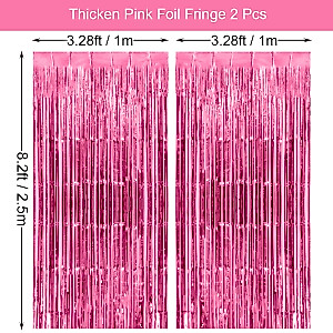 Thicken Pink Foil Fringe Curtains Decorations 3.2x8.2ft - 2 Pack, Photo Backdrop for Birthday Bachelorette Bridal Shower Baby Shower Graduation Party, Party Streams Decor
