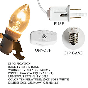 Dazzle Bright 2 Pack 6 FT Accessory Cord with Incandescent Light Bulb E12 Socket White Cord with On/Off Switch Plug, C7 Candelabra Light Bulbs for Holiday Decorations, Christmas Village House