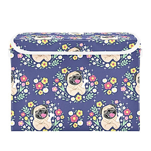 Doterii Cute Pug Dog and Flowers Storage Bin with Lid Fabric Foldable Cube Baskets Closet Toy Organizer