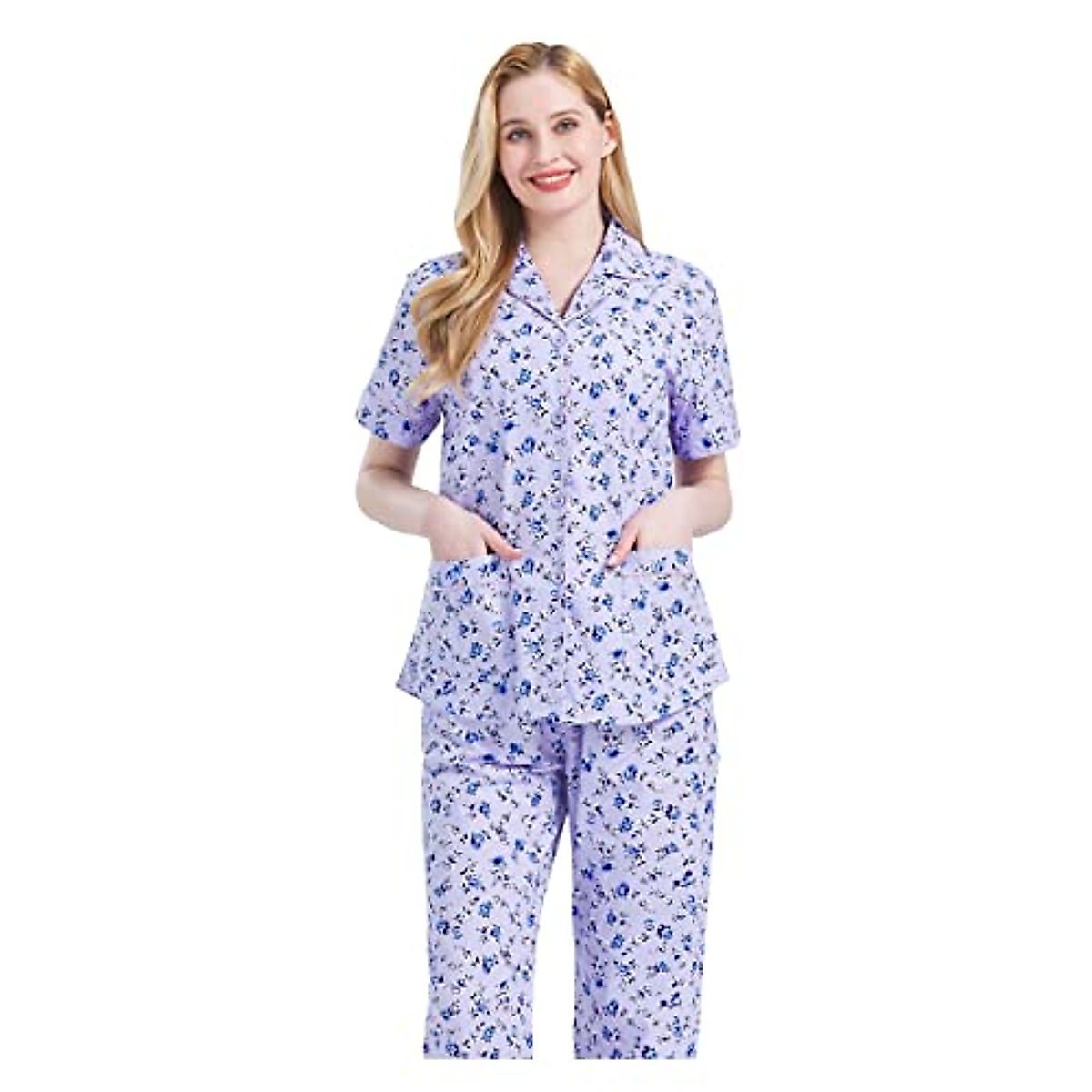 GLOBAL Women's 100% Cotton Pajama Sets | Two-Piece Soft Short-Sleeved and Long Pants PJs for Spring and Summer | Button Down Front Top and Drawstring Waist Bottom Nightwear