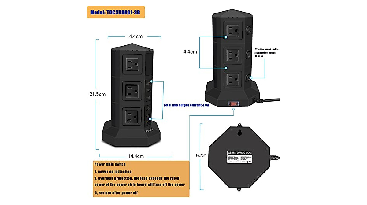 Powerjc Tower Surge Protector with 12 Outlets & 6 USB Ports