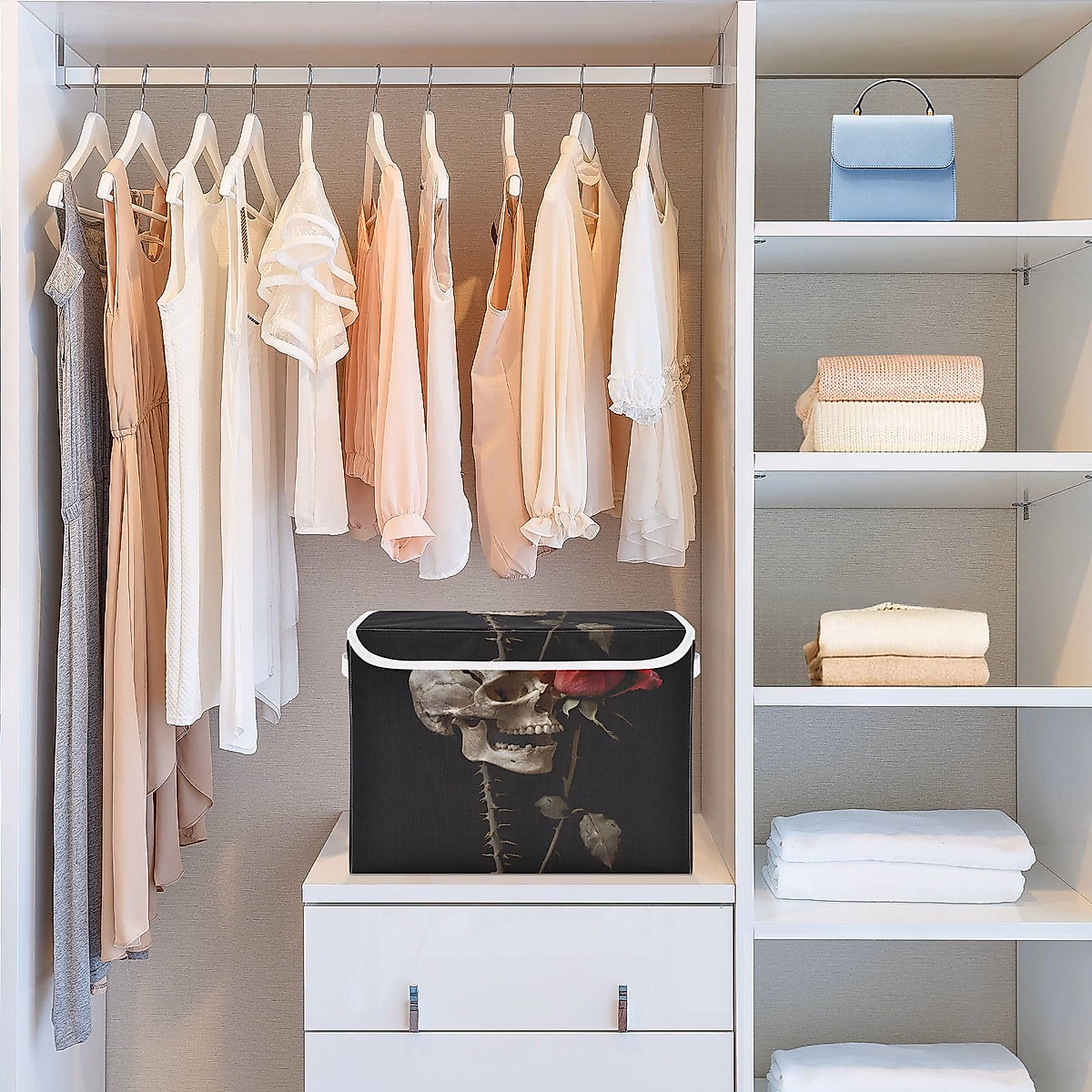 DALAWU Containers Baskets with Lids Rose Skull Fabric Foldable Storage Bins Organizer with Lid Collapsible Storage Boxes for Home Bedroom Closet Office