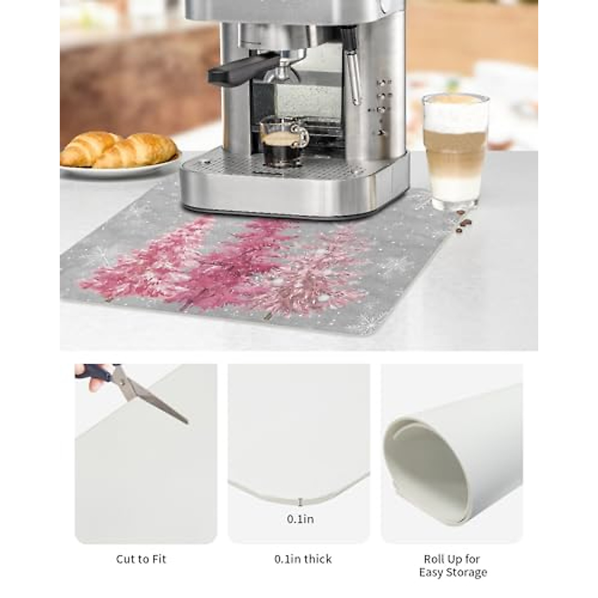 LaBLUUX Coffee Mat for Counter, Pink Christmas Xmas Tree Snowflake Grey Absorbent Hide Stain Coffee Bar Mat, Non-Slip Coffee Bar Accessories Kitchen Drying Mat Fit Under Coffee Maker Espresso Machine