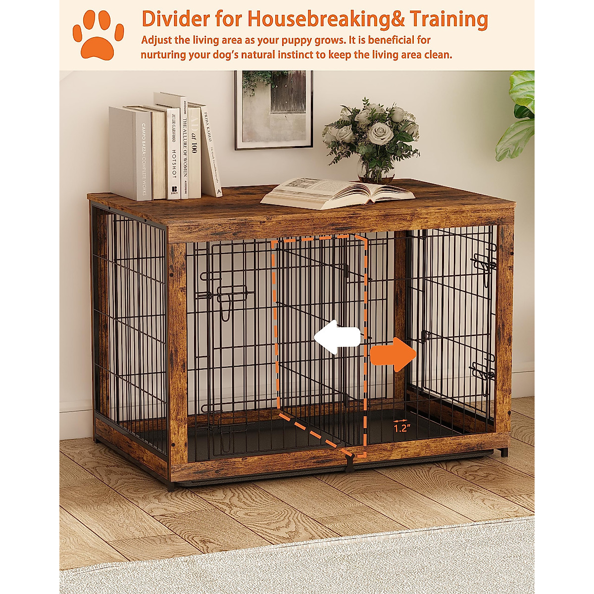 Piskyet Wooden Dog Crate Furniture with Divider Panel, Dog Crate End Table with Fixable Slide Tray, Double Doors Dog Kennel Indoor for Dogs(XL:43.2" L * 28.6" W * 30.3" H,Rustic Style)