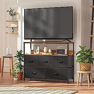 AMISEN Dresser Drawers TV Stand, Entertainment Center with Shelves, Storage Console Table with 5 Fabric Drawers for Bedroom, Living Room, Entryway, Hallway, Black