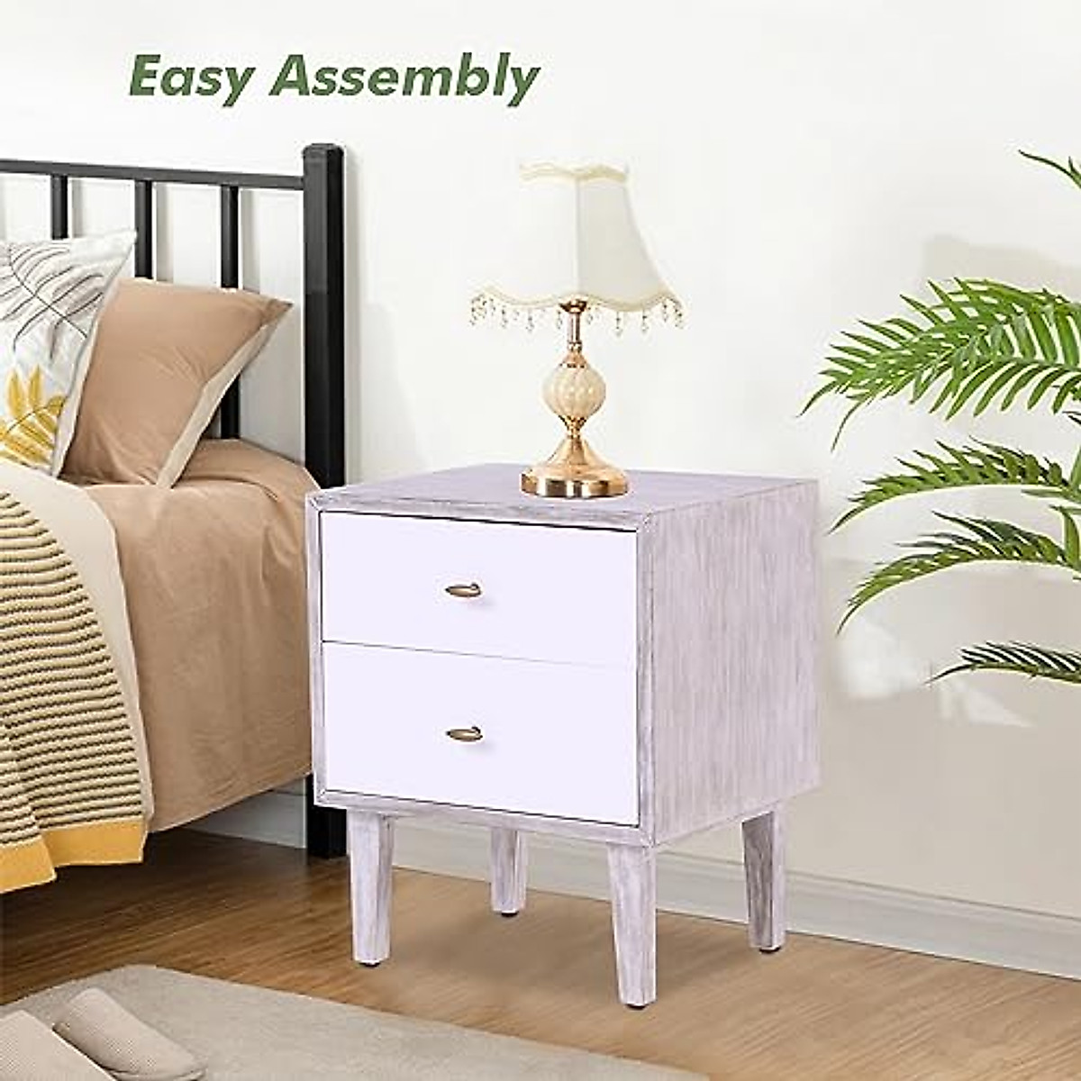 kinbor Modern Nightstand Set of 2, Side End Table Bedside Tables with 2 Storage Drawers and Solid Wood Legs, Night Stands for Bedroom Living Room, Gray/White