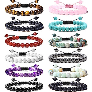 Svovin 12 Pieces 8mm beaded Gemstone Bracelets Set for Men Women Unisex Tiger Eye Amethyst Energy Power Adjustable Elastic Bracelets Jewelry
