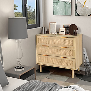 HOPUBUY 3 Drawer Dresser for Bedroom, Oak Rattan Dresser Closet Dressers Chest of Drawers, Light Wood Dresser 3 Drawer Storage Chest for Bedroom, Hallway, Living Room