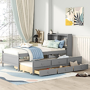 Harper & Bright Designs Twin Bed Frame with Bookcase Headboard, Wooden Twin Size Platform Bed with Trundle and 3 Storage Drawers,Twin Storage Bed for Kids Girls Boys,No Box Spring Needed,Grey