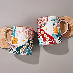 Taimei Teatime Ceramic Coffee Mug with Lid, Mug Set of 2, 17.6oz Coffee Mug with Handle, Large Mug for Coffee Latte, Tea, Handpainted Floral Mugs for Women, Dishwasher Safe and Microwaveable