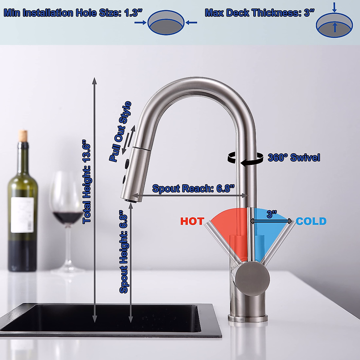 Bar Faucet with Pull Out Sprayer Single Hole, JXMMP Single Handle Stainless Steel Brushed Nickel Bar Sink Faucets with Sprayer, Modern Small Kitchen Sink Faucet with cUPC Supply Hose