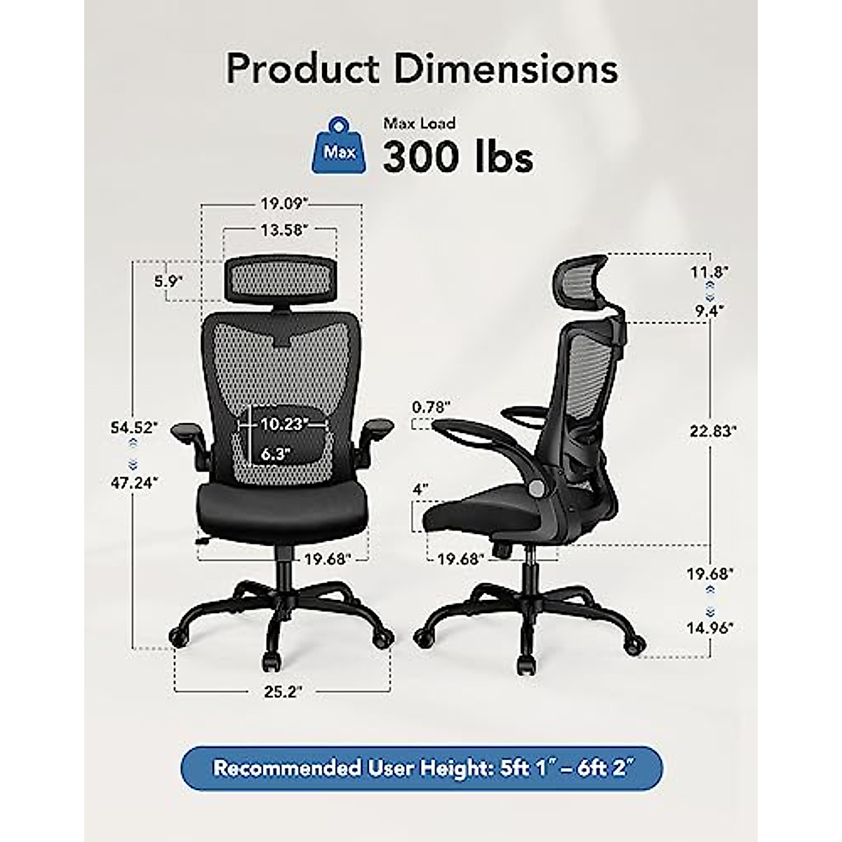 HUANUO Ergonomic Mesh Office Chair, High Back Desk Chair with Adjustable Lumbar Support & Headrest, Flip-Up Armrests, and Adjustable Height, Home Computer Chair with Tilt Lock Function