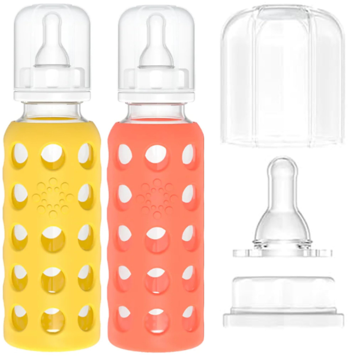 Lifefactory Glass Baby Bottles with Silicone Protection - 4-PACK, 4 oz/9 oz Bottles, (1- Banana, 1- Mango, 1- Cantaloupe & 1- Papaya)