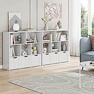 FOTOSOK Toy Storage Organizer with 3 Movable Drawers, Floor Storage Cabinet Toy Chest with Hidden Wheels and 5 Storage Cubbies, Multifunctional Storage Chest for Nursery, Playroom and Bedroom, White
