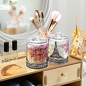 xigua 2 Pack Qtip Holder Dispenser Eiffel Tower Pink Tree 10 Oz Bathroom Organizer with Lids Storage Canister for Cotton Ball,Cotton Swab,Cotton Round Pads,Floss
