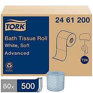 Tork Advanced Toilet Paper Roll, White, Compatible with T24 Dispensers, 2-ply, Soft Tissue, 80 rolls x 500 sheets (2461200)