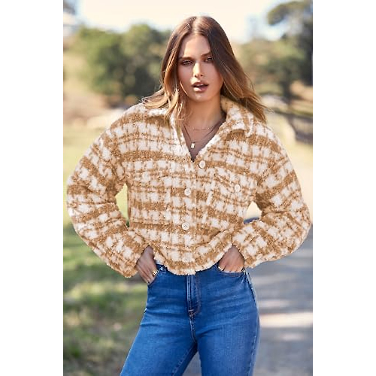 PRETTYGARDEN Women's Fall Plaid Shacket Jacket Faux Fur Lapel Open Front Cropped Winter Coats Outerwear (Light Khaki,Small)