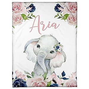 Elephant Baby Bedding- Baby Girl Crib Bedding Set- Elephant Nursery- Navy and Blush Pink Floral Crib Bedding- Elephant Crib Bedding Set Girl, Personalized Fleece - Sherpa Blanket Gift