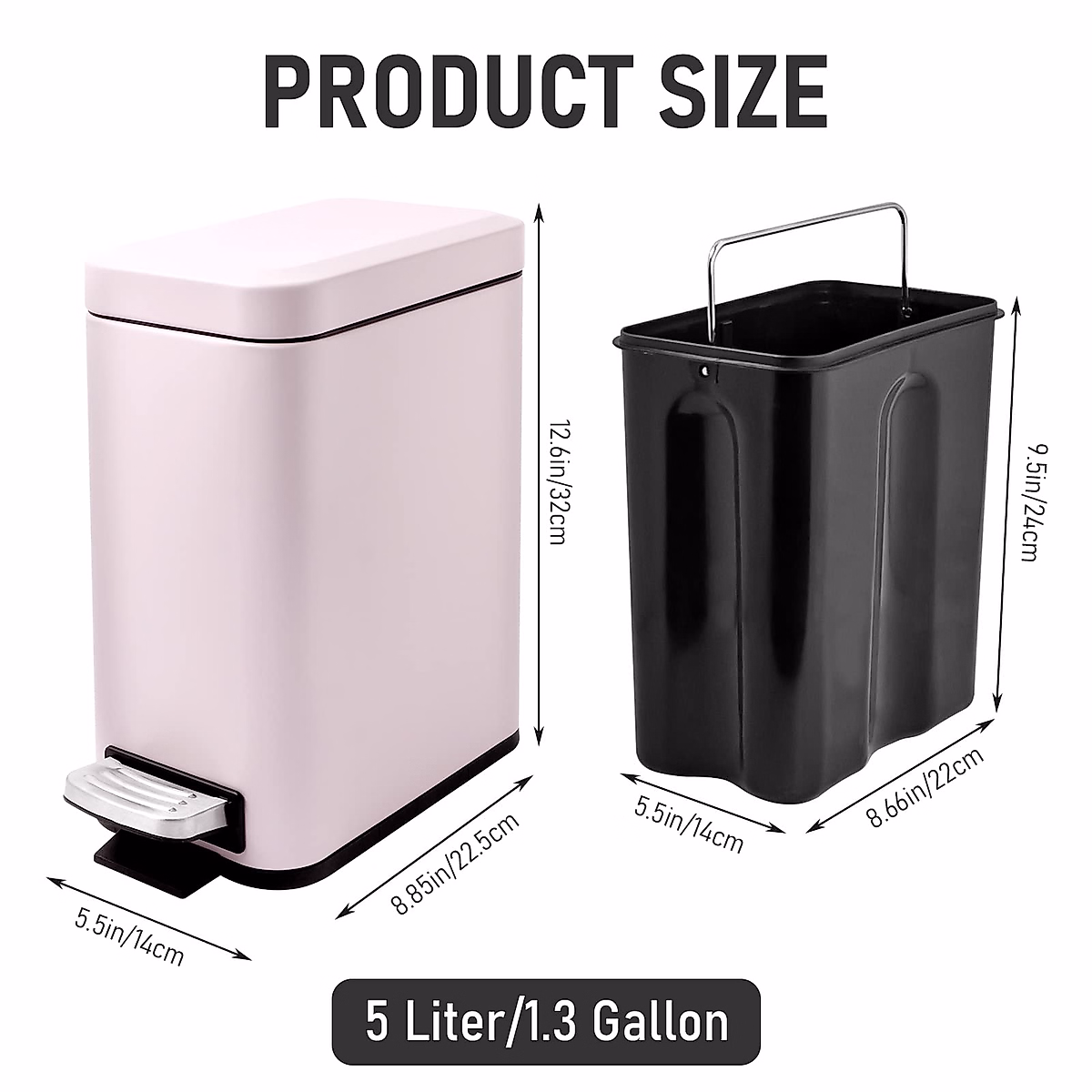 M-Aimee 1.3 Gallon Slim Small Trash Can with Lid Soft Close, Stainless Steel Garbage Can for Bathroom Bedroom Office, Rectangular Step Trash Bin with Removable Inner Waste Basket (Pink)