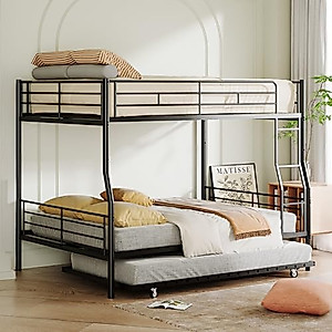 Miscoos Full XL Over Queen Bunk Bed with Trundle, Heavy-Duty Bunk Bed Frame with Ladder and High Guardrail, Convertible into 3 Beds for Kids Teens Girls Boys, Black