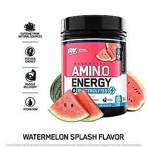 Optimum Nutrition Amino Energy + Electrolytes Powder - Pre Workout, BCAAs, Amino Acids, Keto Friendly, Energy Powder - Watermelon Splash, 65 Servings