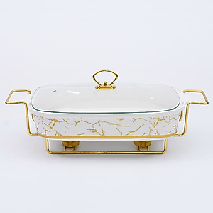 HONHPD 3PCS Rectangular Porcelain Casserole Warming Trays for Food, Ceramics Chafers, and Buffet Warmers Sets, Ceramics Chafing Dish Buffet Set, Gold Plating Serving Dishes(11inch.13inch.15inch）
