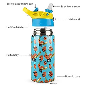 Kids Water Bottle with Straw Lid Hand-drawn Cartoon Ladybugs Print 12 Oz/350 Ml Stainless Steel Reusable Thermos Bottles