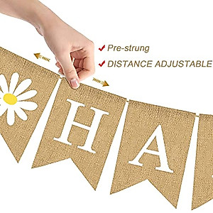 Pudodo Jute Burlap Daisy Themed Happy Birthday Banner Spring Summer Birthday Party Nursery Kitchen Mantle Fireplace Decoration
