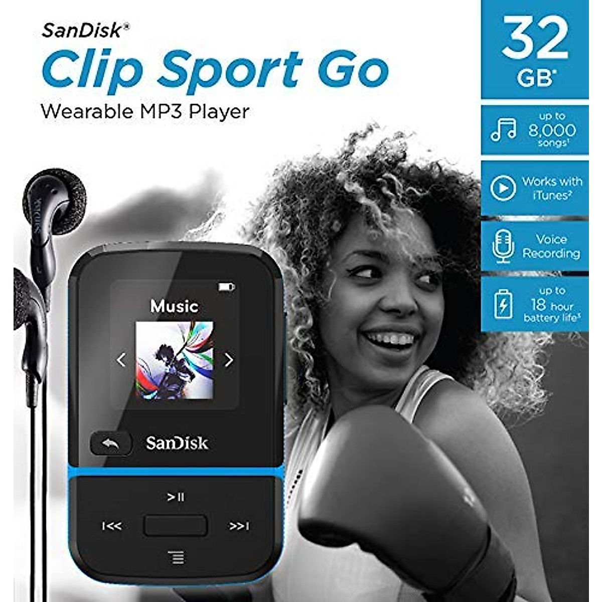 SanDisk 32GB Clip Sport Go MP3 Player, Blue - LED Screen and FM Radio - SDMX30-032G-G46B (Renewed)