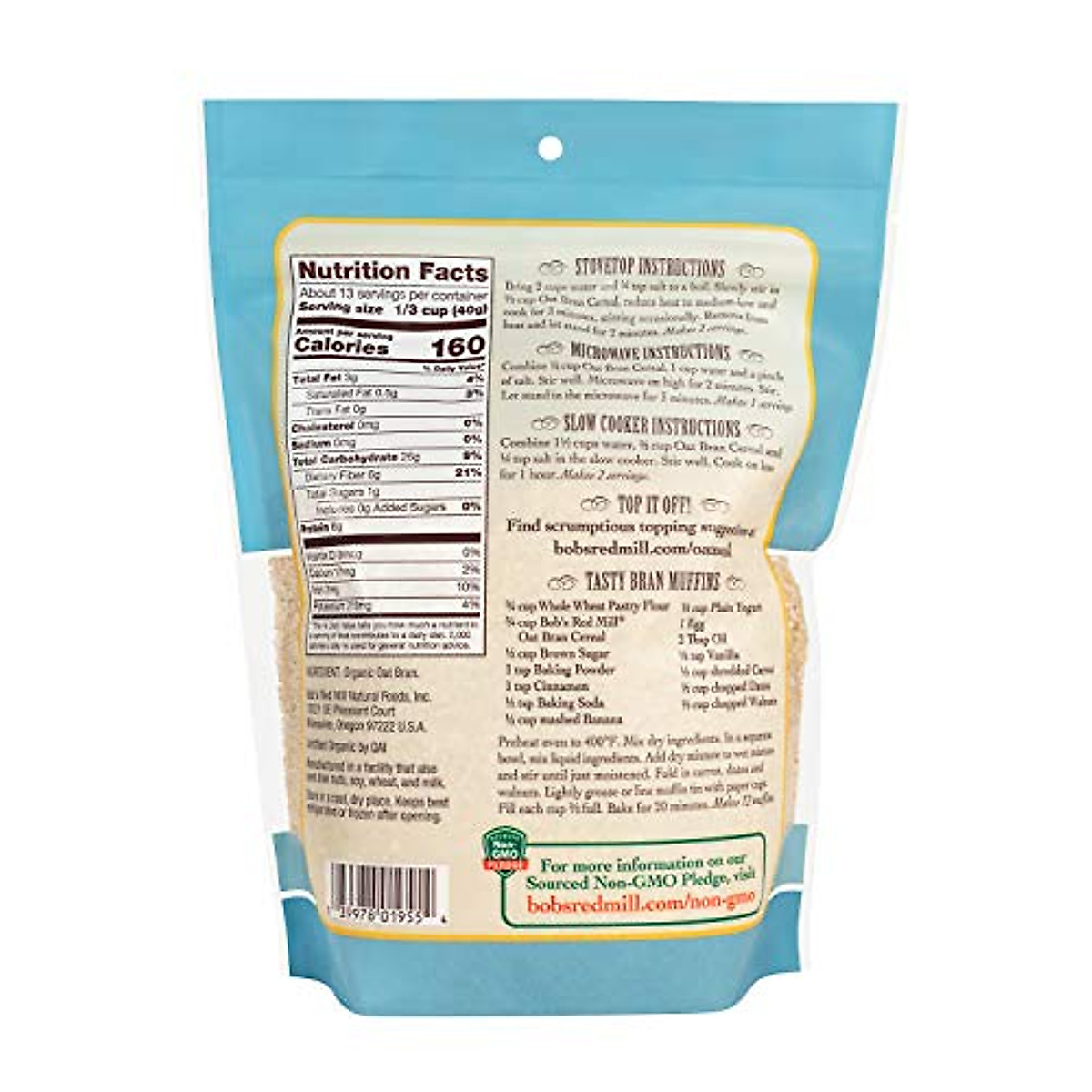 Bob's Red Mill Organic High Fiber Oat Bran Hot Cereal, 18-ounce (Pack of 4)