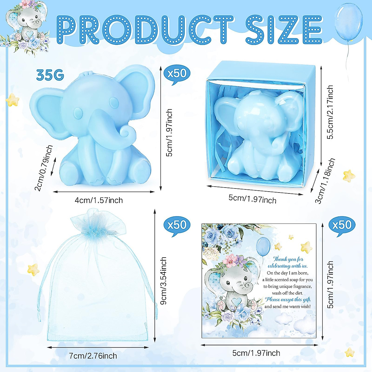 Maxcheck 50 Pcs Baby Shower Elephant Soaps Favors with Organza Bags Thank You Cards Handmade Cute Scented Soap Elephant Decorations Bulk for Guests Girl Boy Baby Shower Gifts Party Souvenirs(Blue)