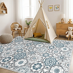 Micgeek 5X8 Area Rugs for Living Room - Washable Large Bohemian Low Pile Stain Resistant Floral Rug Soft Non Slip Neutral Indoor Floor Rugs for Bedroom Kitchen Dining Room Home Office,Grey/Blue