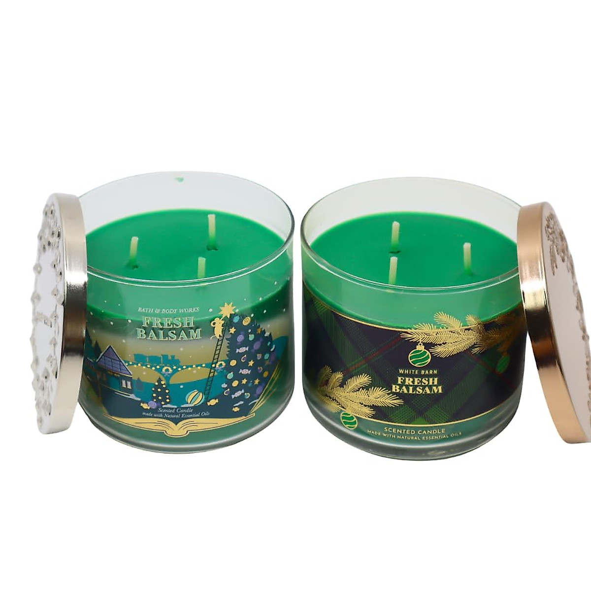 Bath & Body Works Fresh Balsam 3-Wick Candle Christmas 2023 2-pc Bundle – Limited Edition (Winter Village & Tree Branches Pattern), Green
